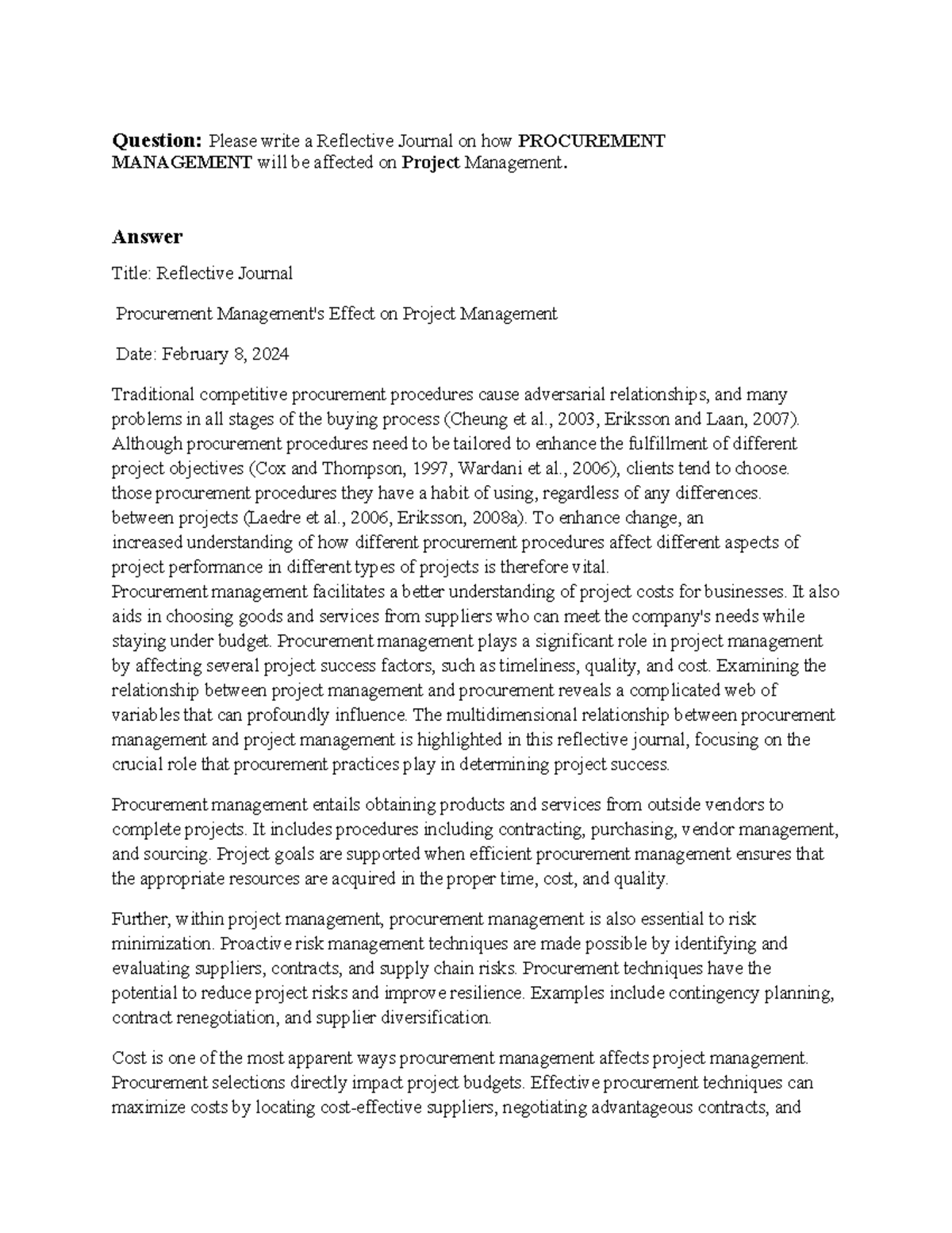 Project Resource and Procurement Management - Question: Please write a ...