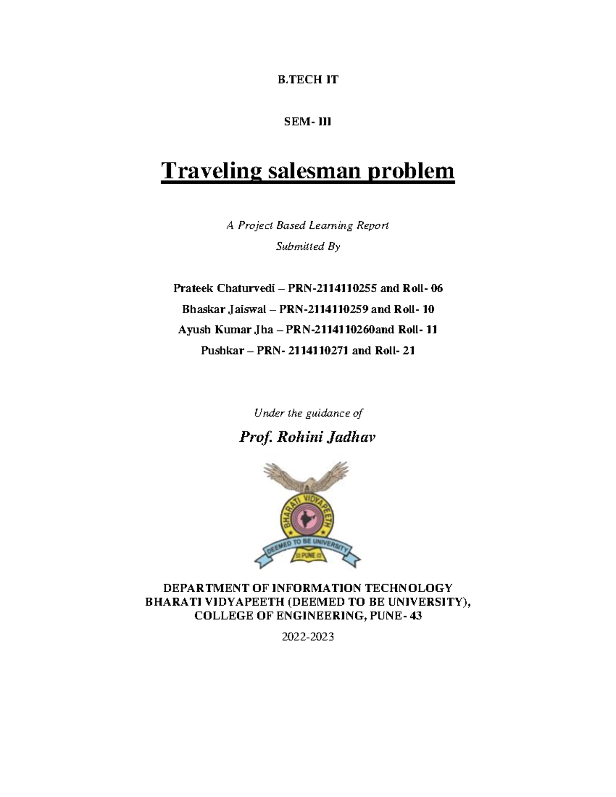 Dsgt Report - B IT SEM- III Traveling salesman problem A Project Based ...