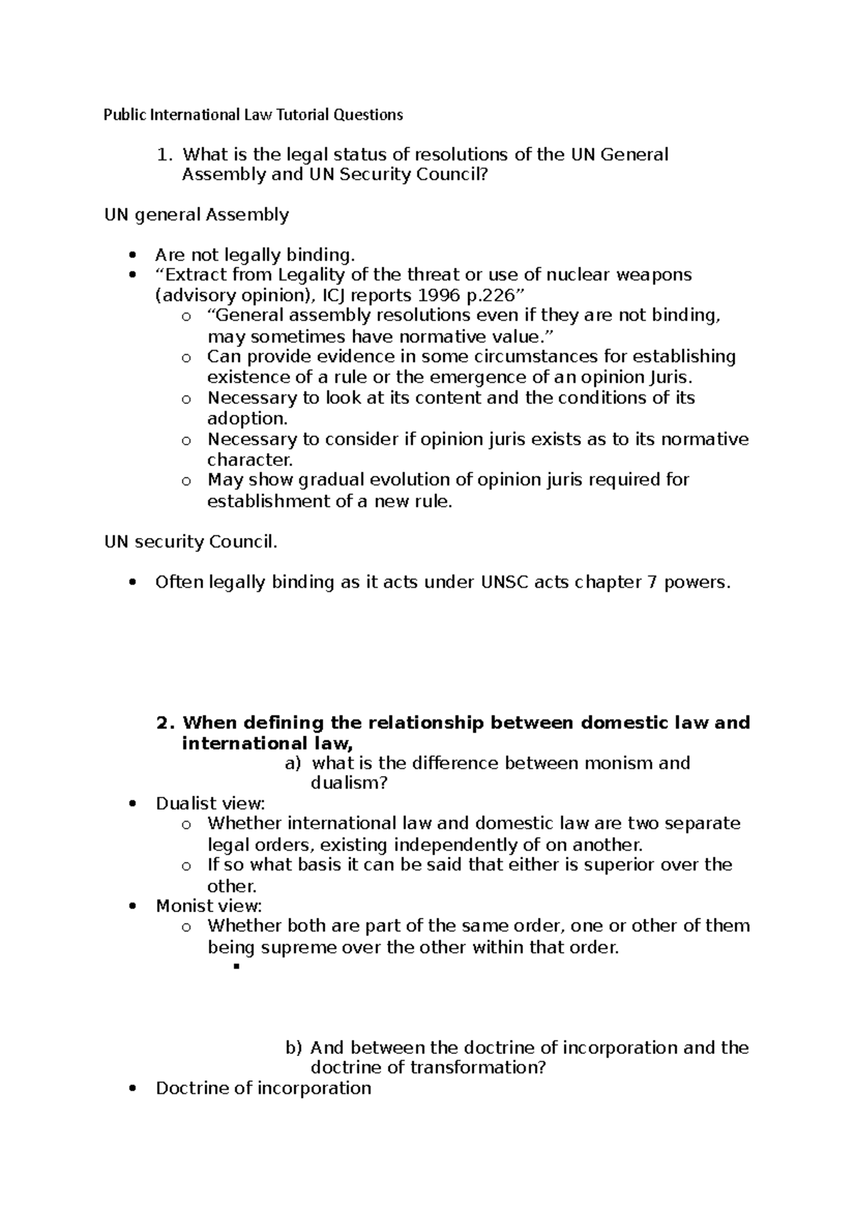 Public International Law Tutorial Questions - What is the legal status ...