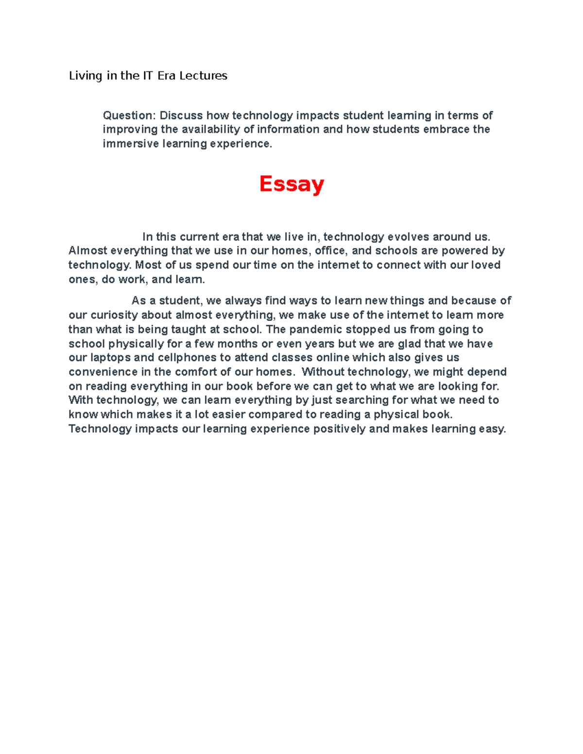 Living in the IT Lec Essay-Impact of technology - Living in the IT Era ...