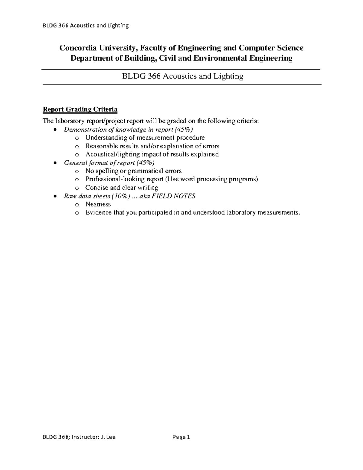 Lab Reports Grading Scheme - BLDG 366 Acoustics and Lighting Concordia ...
