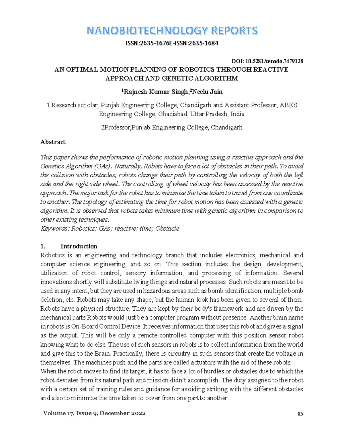 An Optimal Motion Planning Of Robotics Through Reactive Approach And Genetic Algorithm Doi