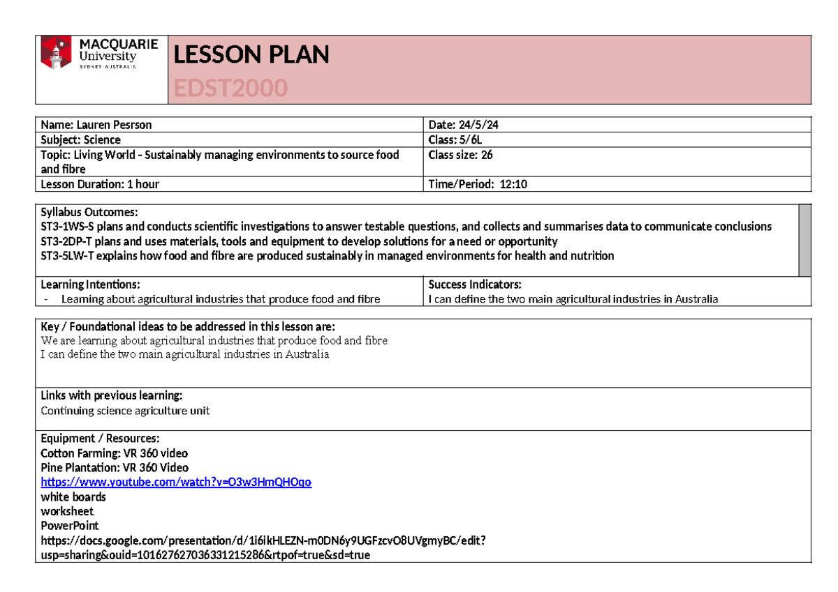 Lesson PLAN Template - LESSON PLAN EDST Name: Lauren Pesrson Date: 24/5 ...