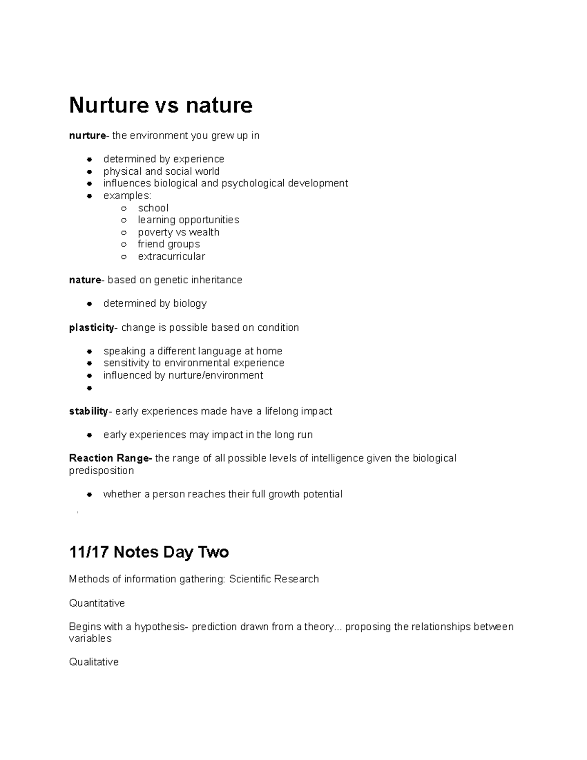 Nurture vs nature - in-class notes - Nurture vs nature nurture - the ...
