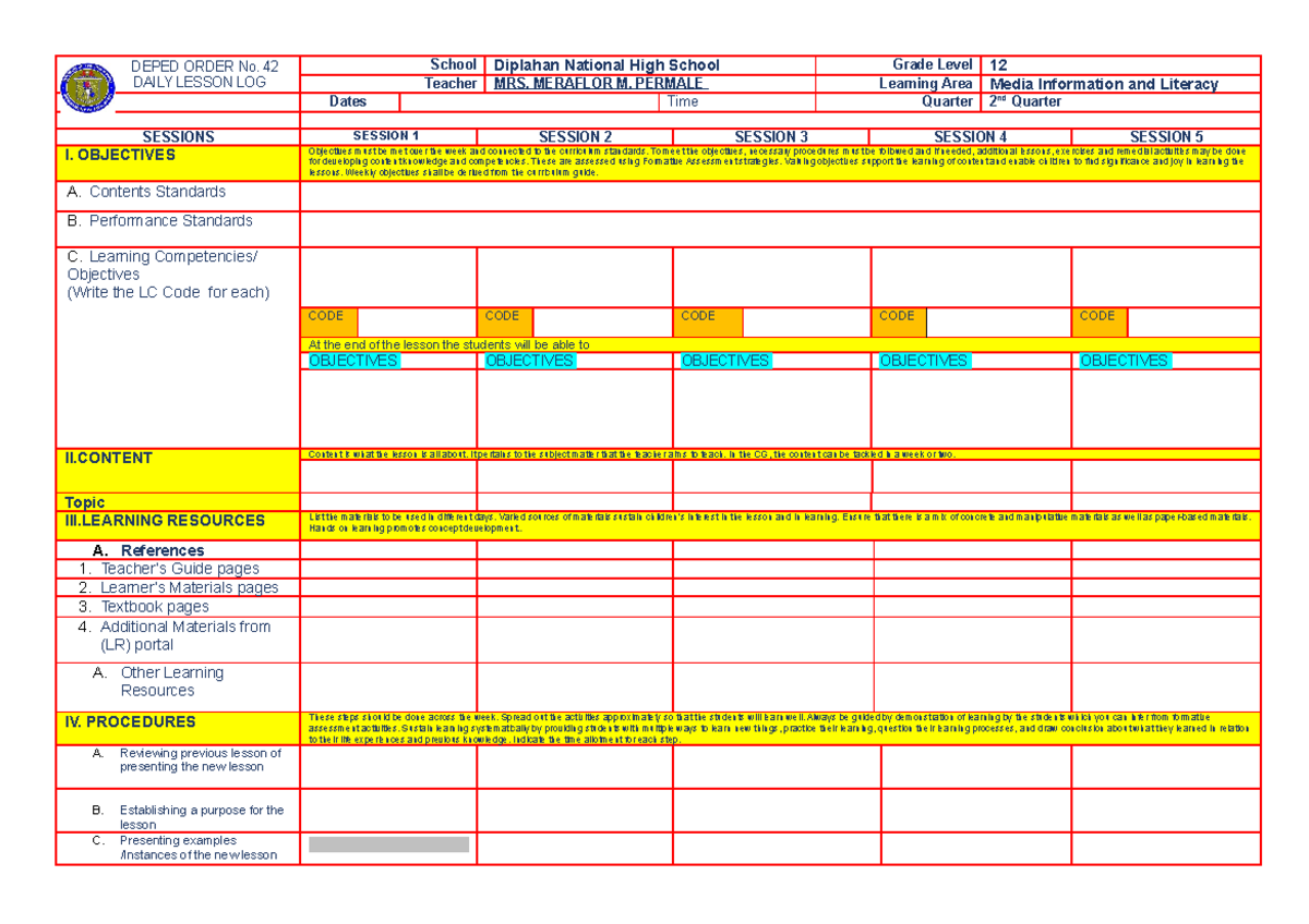 Daily-Lesson-Log - None - DEPED ORDER No. 42 DAILY LESSON LOG School ...