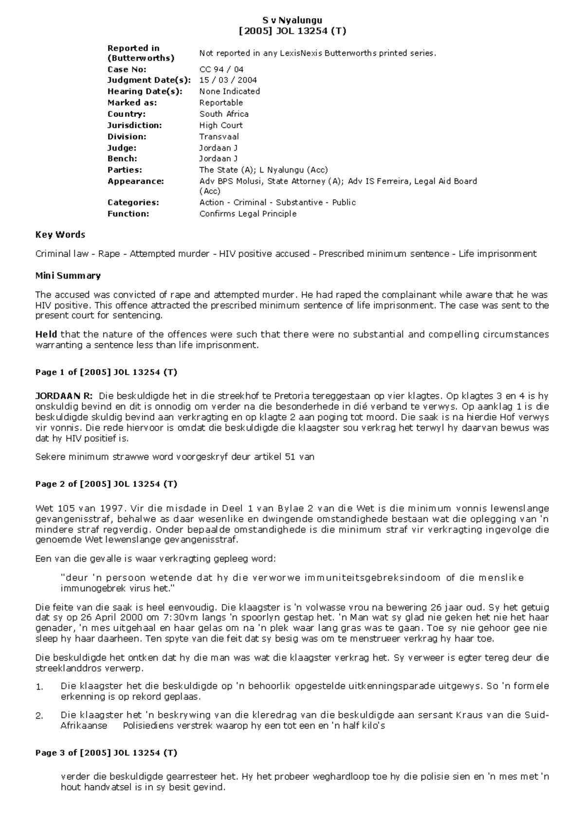 S v Nyalungu [2005 ] JOL 13254 (T) - RRLLB/01 - Unisa - Studocu