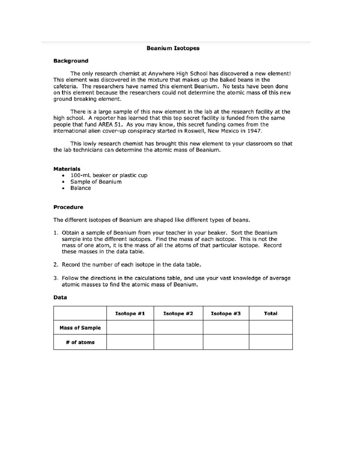 Beanium Lab - Beanium Isotopes Background The only research chemist at ...