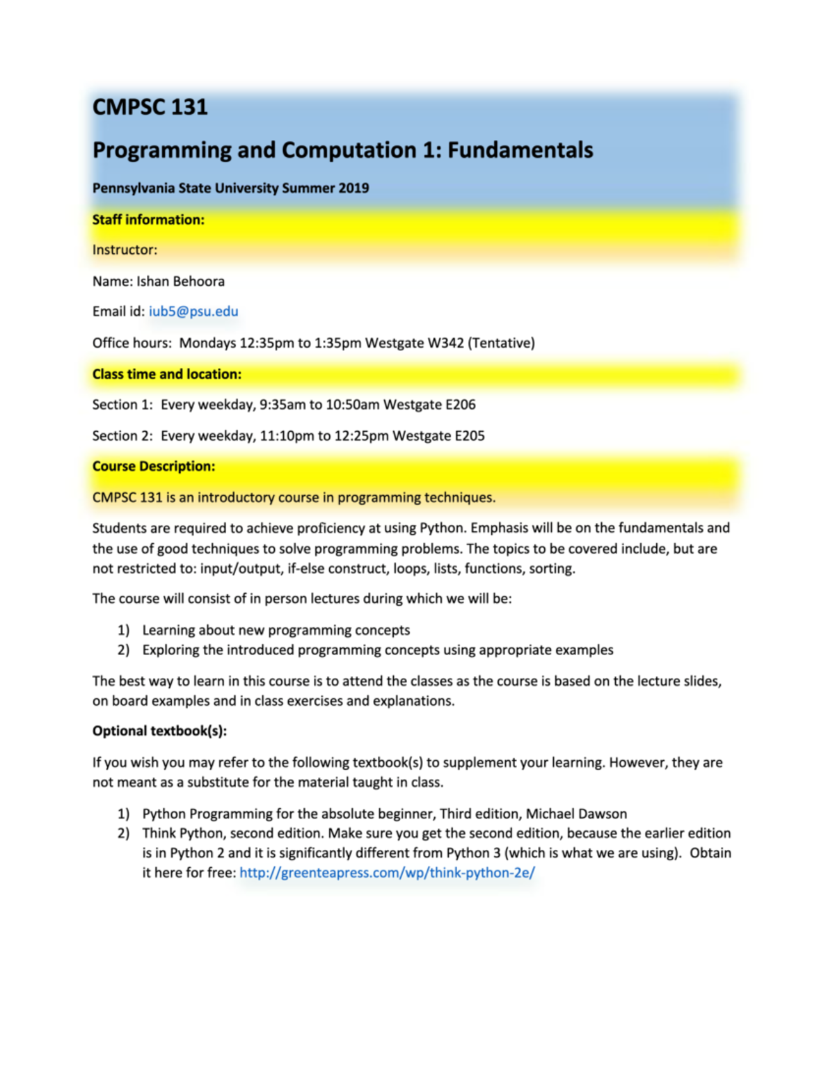 syllabus front page - CMPSC 131 - Studocu