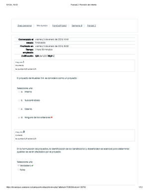 Parcial 2 Formulacion y evaluacion de proyectos - Área personal Mis cursos ForyEvaProdc3 Semana ...