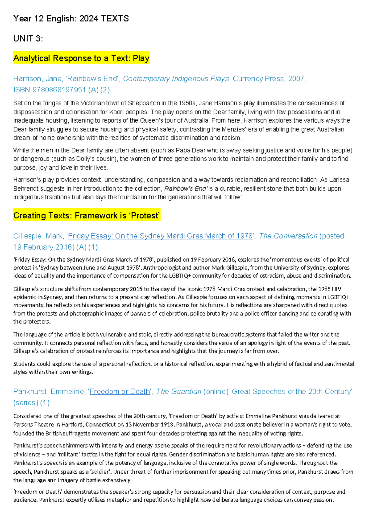 Year 12 Text Blurbs 2024 - Year 12 English: 2024 TEXTS UNIT 3 ...