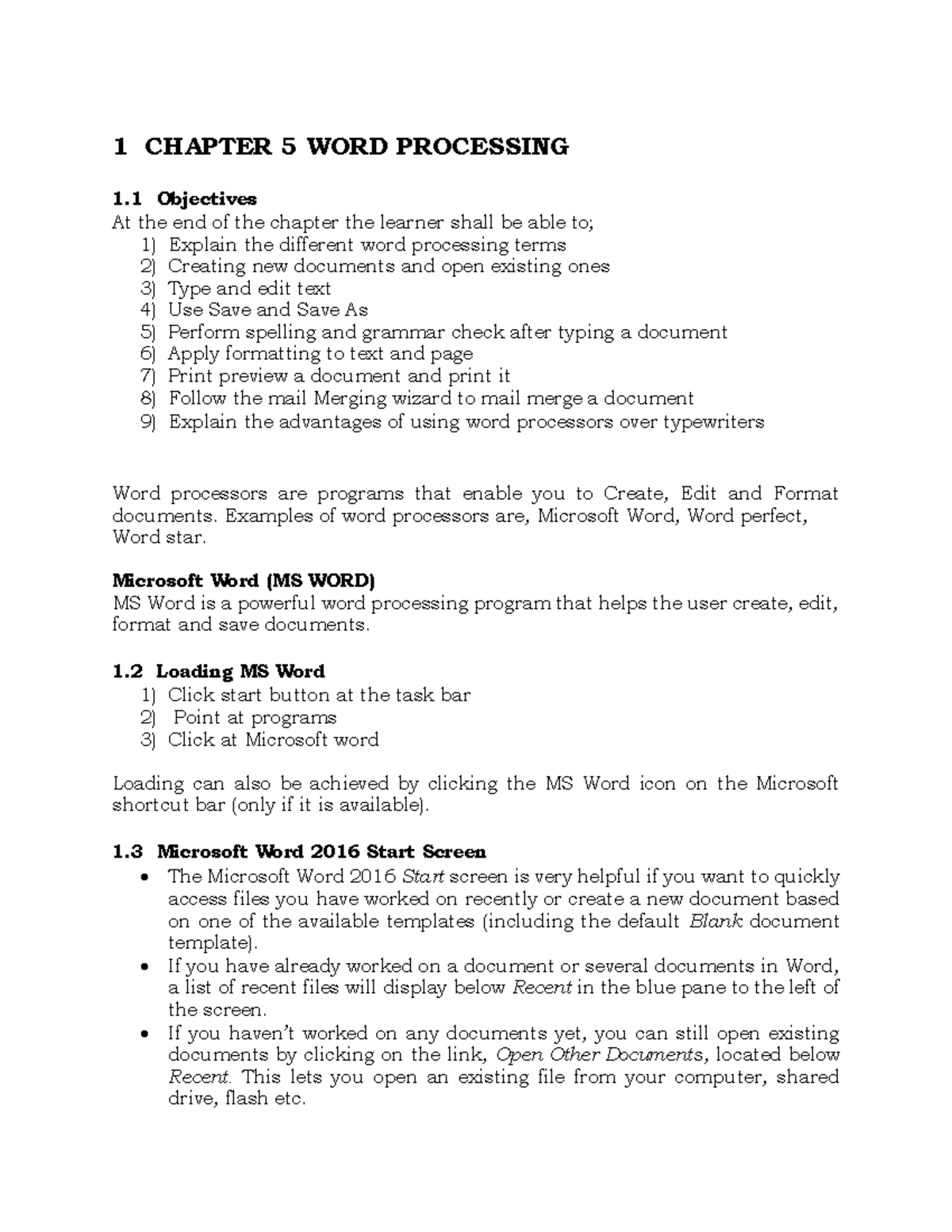 Chapter 5 Word Processing 1 Chapter 5 Word Processing 1 Objectives At The End Of The Chapter