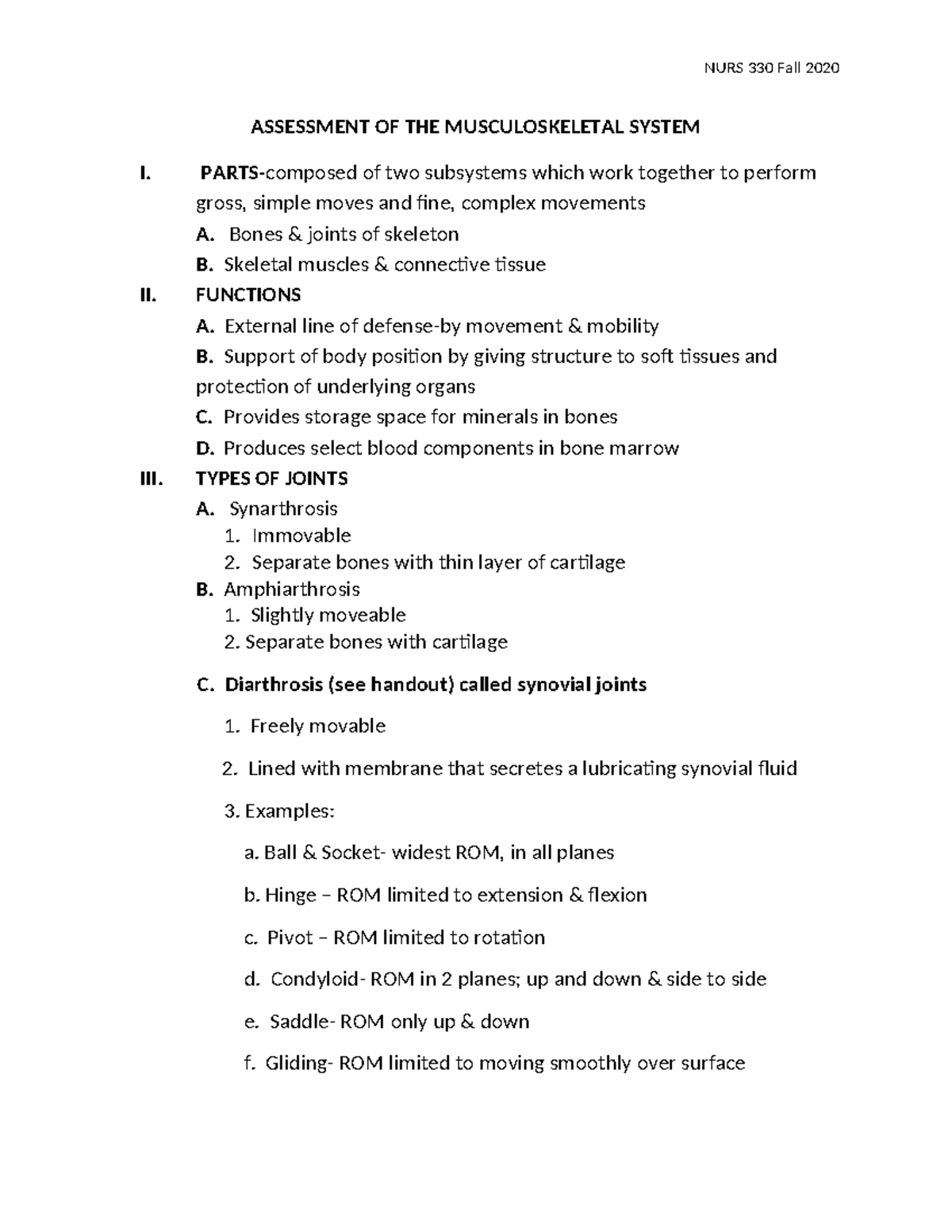 Musculoskeletal Notes - ASSESSMENT OF THE MUSCULOSKELETAL SYSTEM I ...