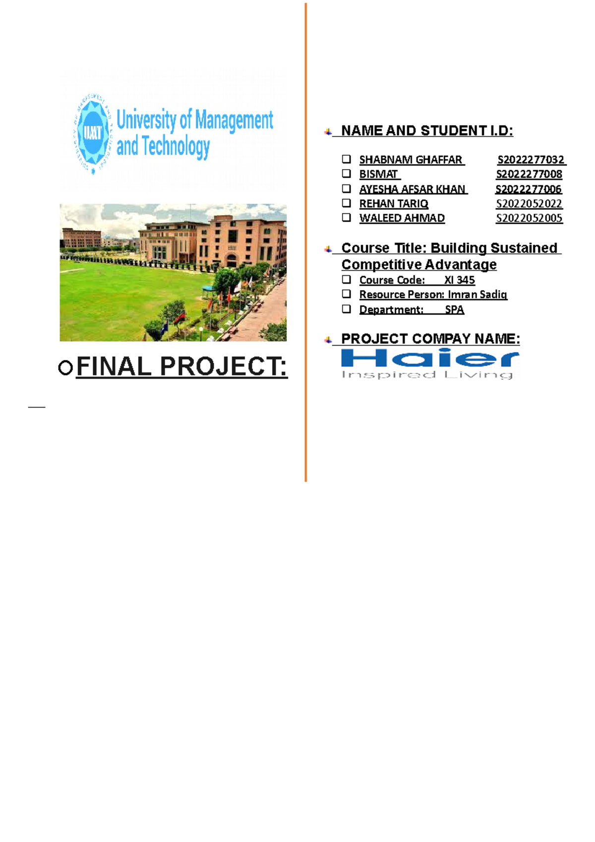 BSCA Project Grour Final - OFINAL PROJECT: NAME AND STUDENT I: SHABNAM ...