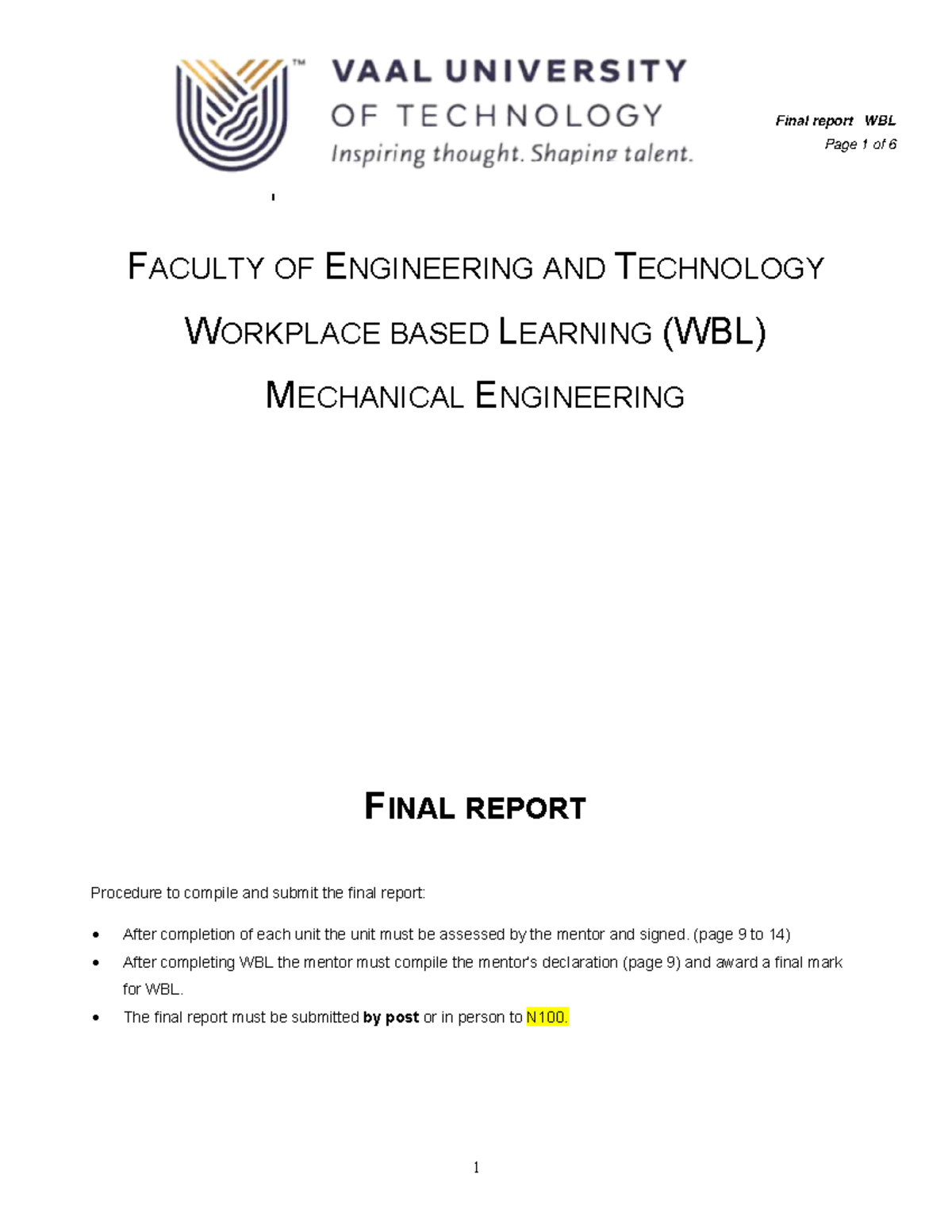 Mechanical-WIL-LOG-BOOK - Final report WBL Page 1 of 6 V AAL U ...
