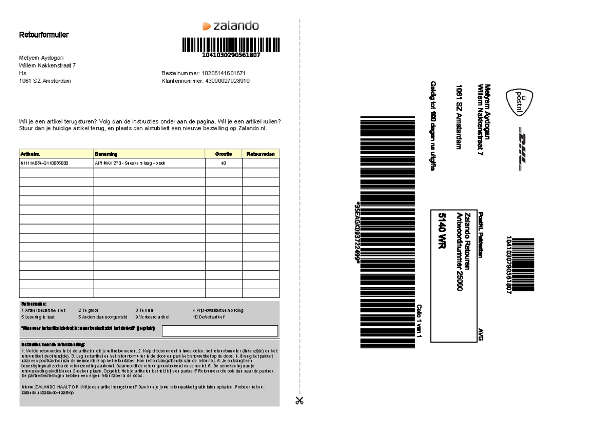 Zalando print - kwmk dkmdkd - Retourformulier Bestelnummer ...