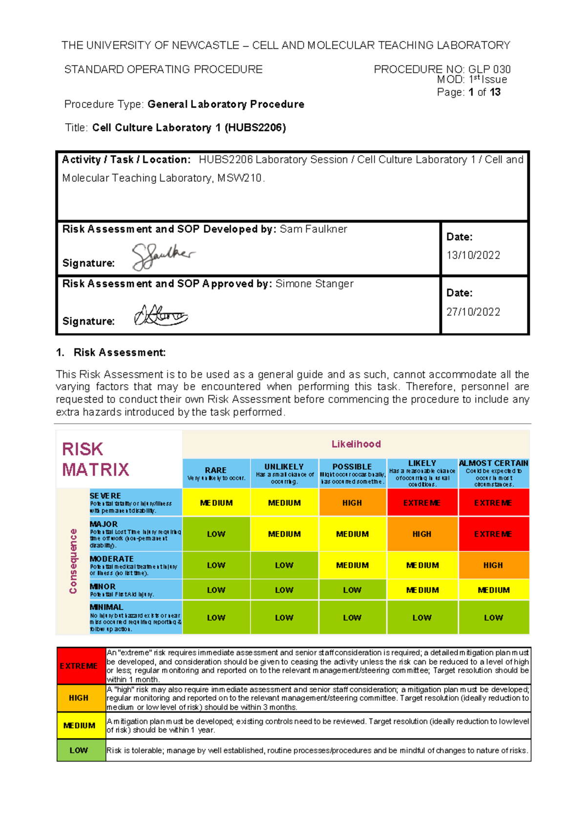Cell Culture Laboratory 1 (HUBS2206) - STANDARD OPERATING PROCEDURE ...