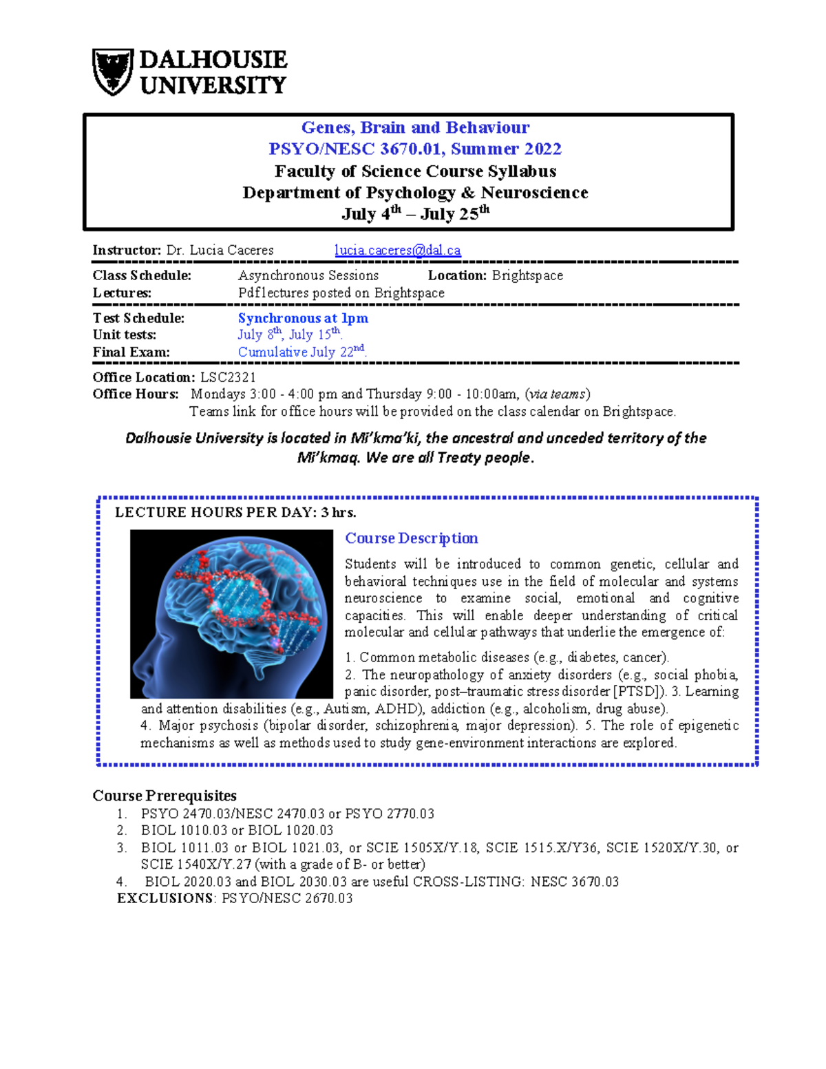 Genes, Brain and Behaviour (NESC and PSYO 3670) Syllabus - Summer 2022 ...