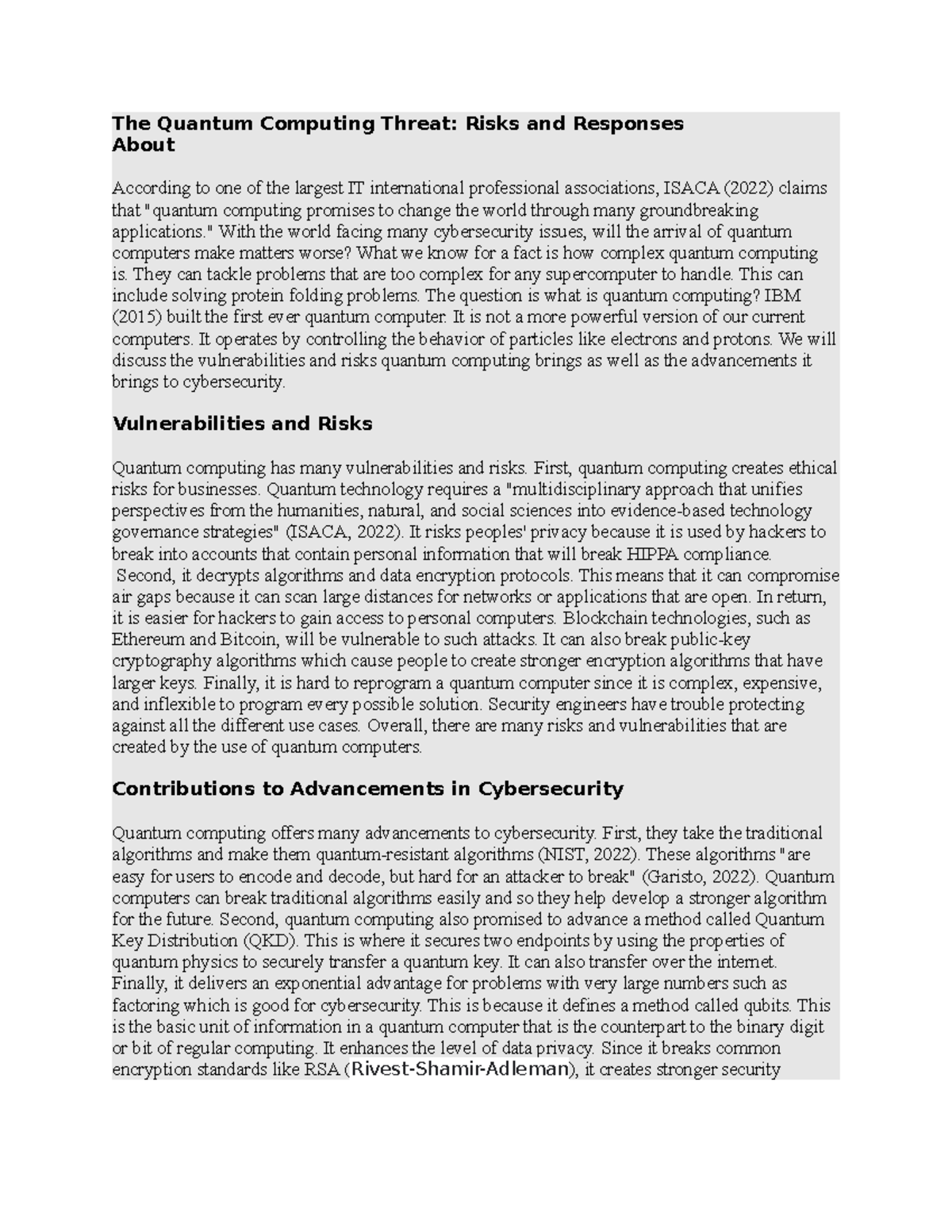 DB3 - Discussion hw - The Quantum Computing Threat: Risks and Responses ...