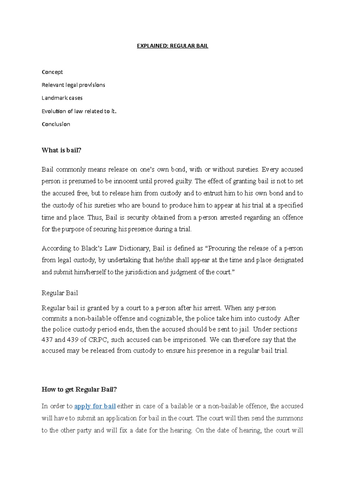 Explained Regular BAIL - EXPLAINED: REGULAR BAIL Concept Relevant legal ...