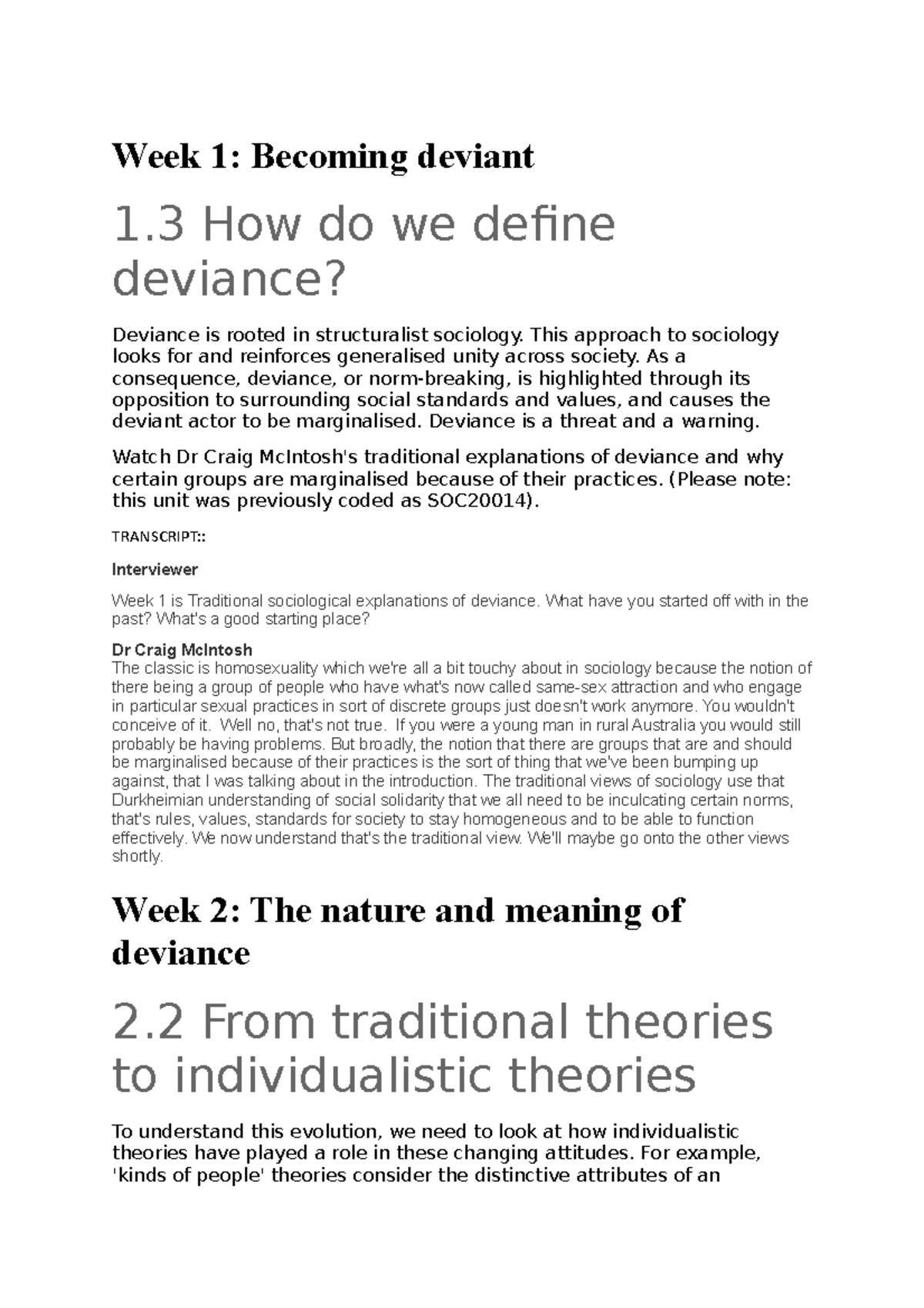 SOC2002 0 - Module notes - Week 1: Becoming deviant 1 How do we define ...