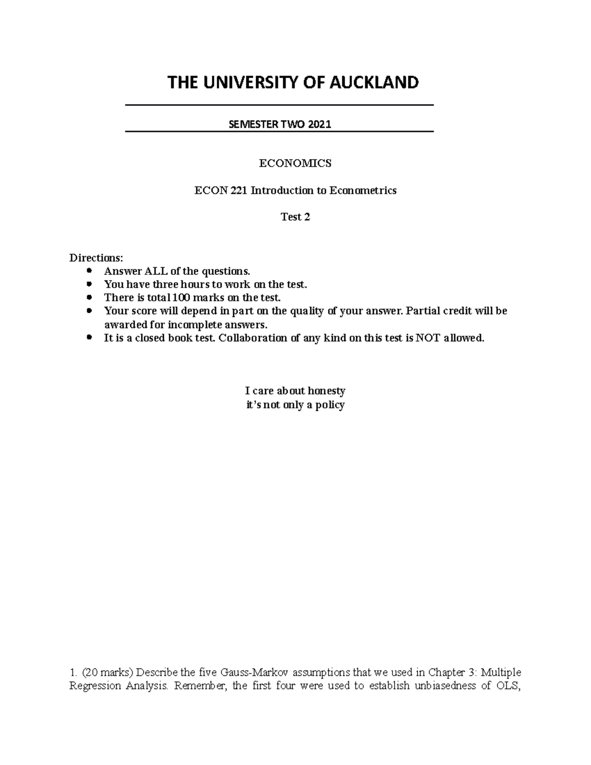 ECON 221 TEST 2 - Done - THE UNIVERSITY OF AUCKLAND SEMESTER TWO 2021 ...