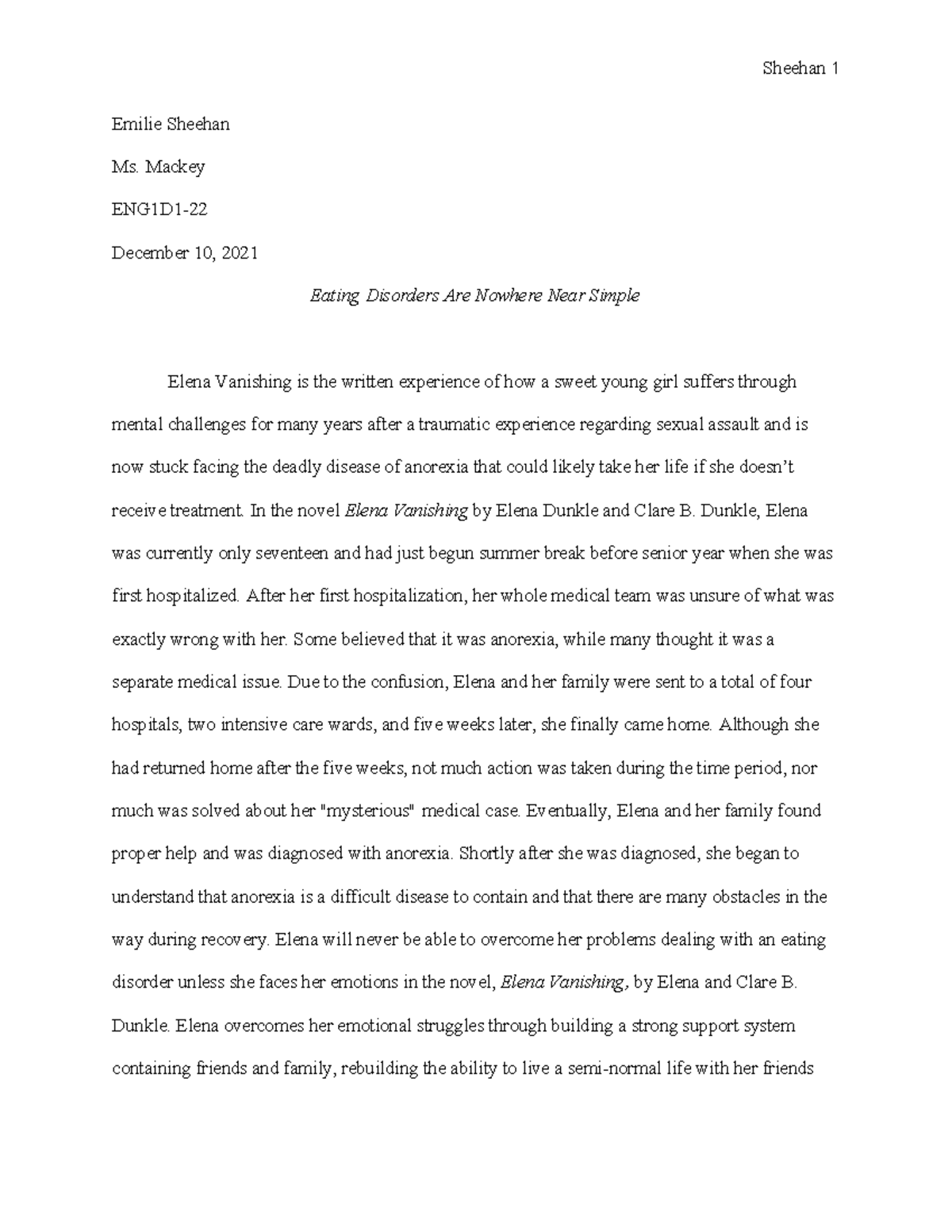 Elena Vanishing Essay - Emilie Sheehan Ms. Mackey ENG1D1- December 10 ...