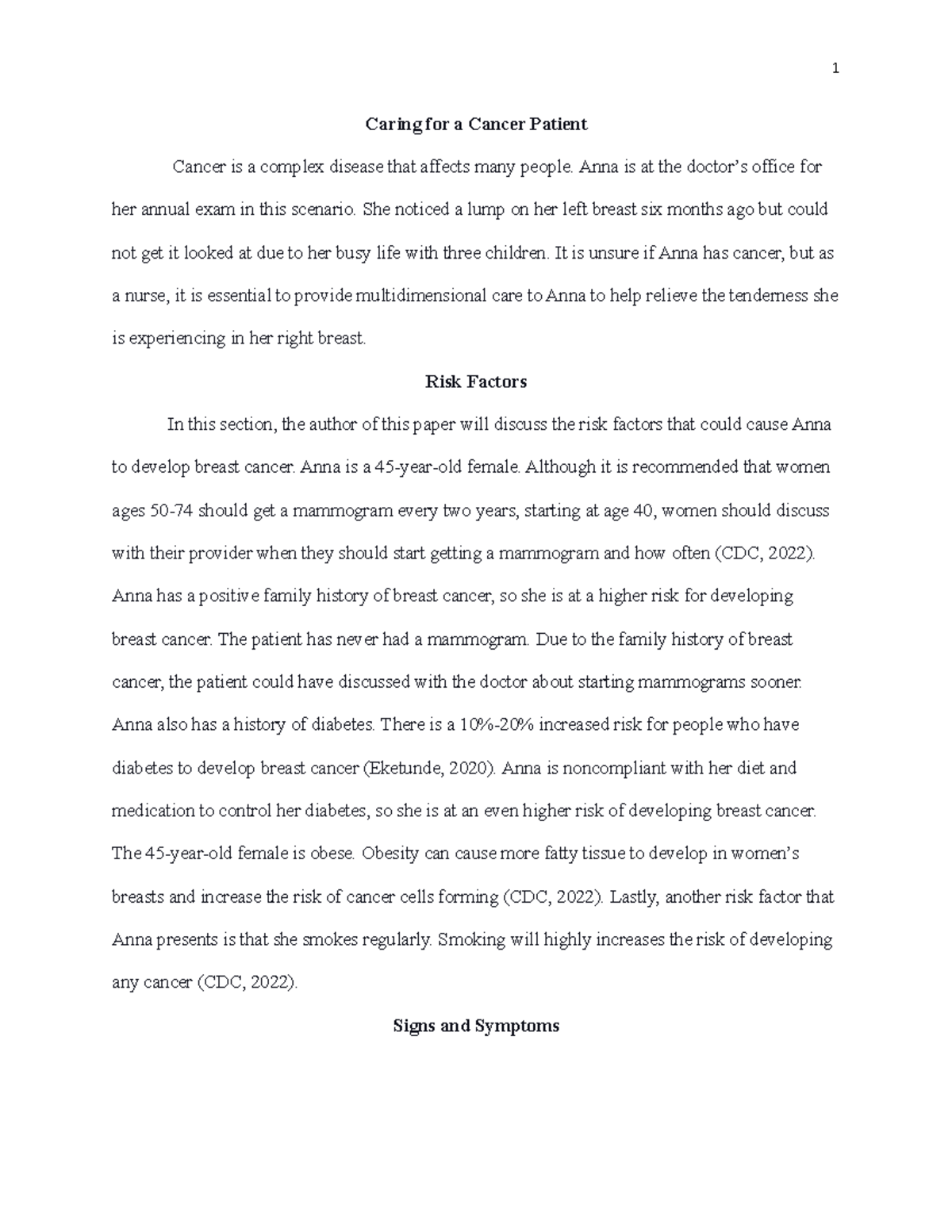 MD2 Nursing Care of Cancer Patient Writting Assignment - Caring for a ...