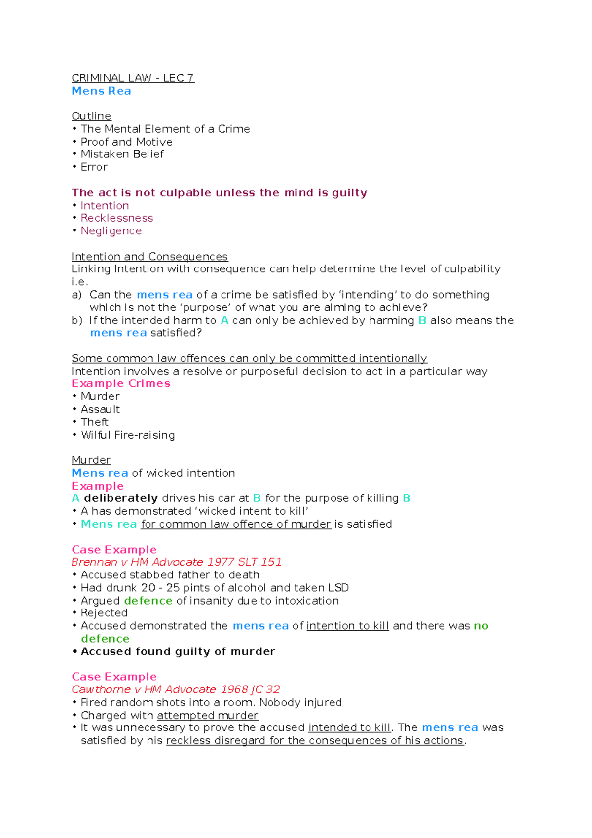 Criminal - Lec 7 - Semester 1 - CRIMINAL LAW - LEC 7 Mens Rea Outline ...