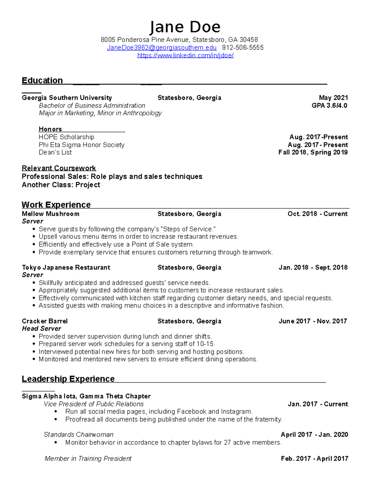 Doe Jane Resume Example 2022 - Jane Doe 8005 Ponderosa Pine Avenue ...