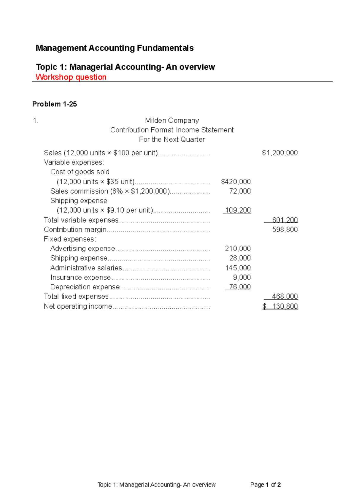 Topic 1 Managerial Accounting- An overview workshop solutions ...