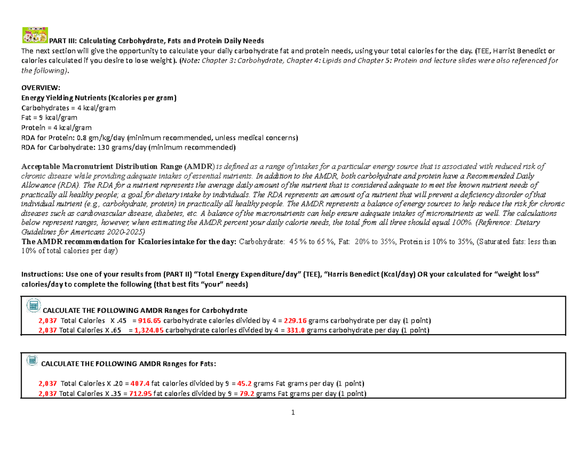 HWE 1050 Unit 7 Energy Classroom KA Dietary Analysis Math Calculations ...