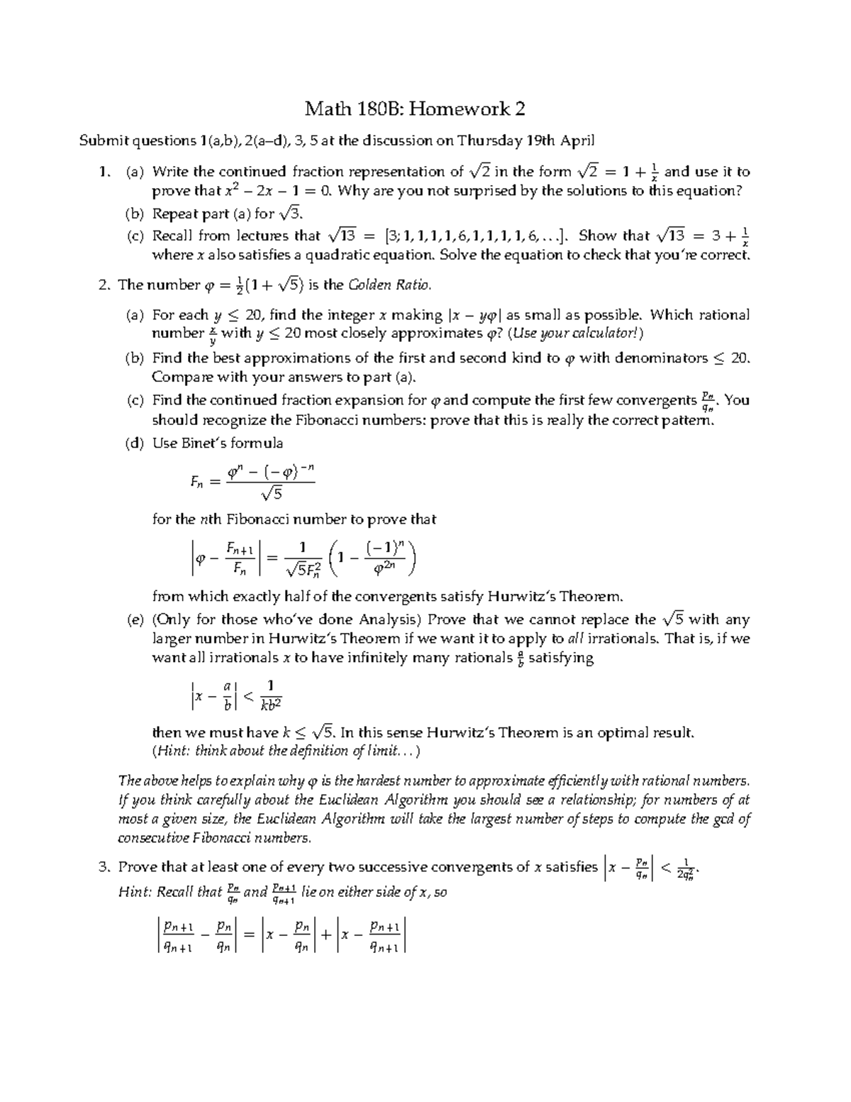 Hw2 - hw questions with description - Math 180B: Homework 2 Submit questions 1(a,b), 2(a–d), 3 ...