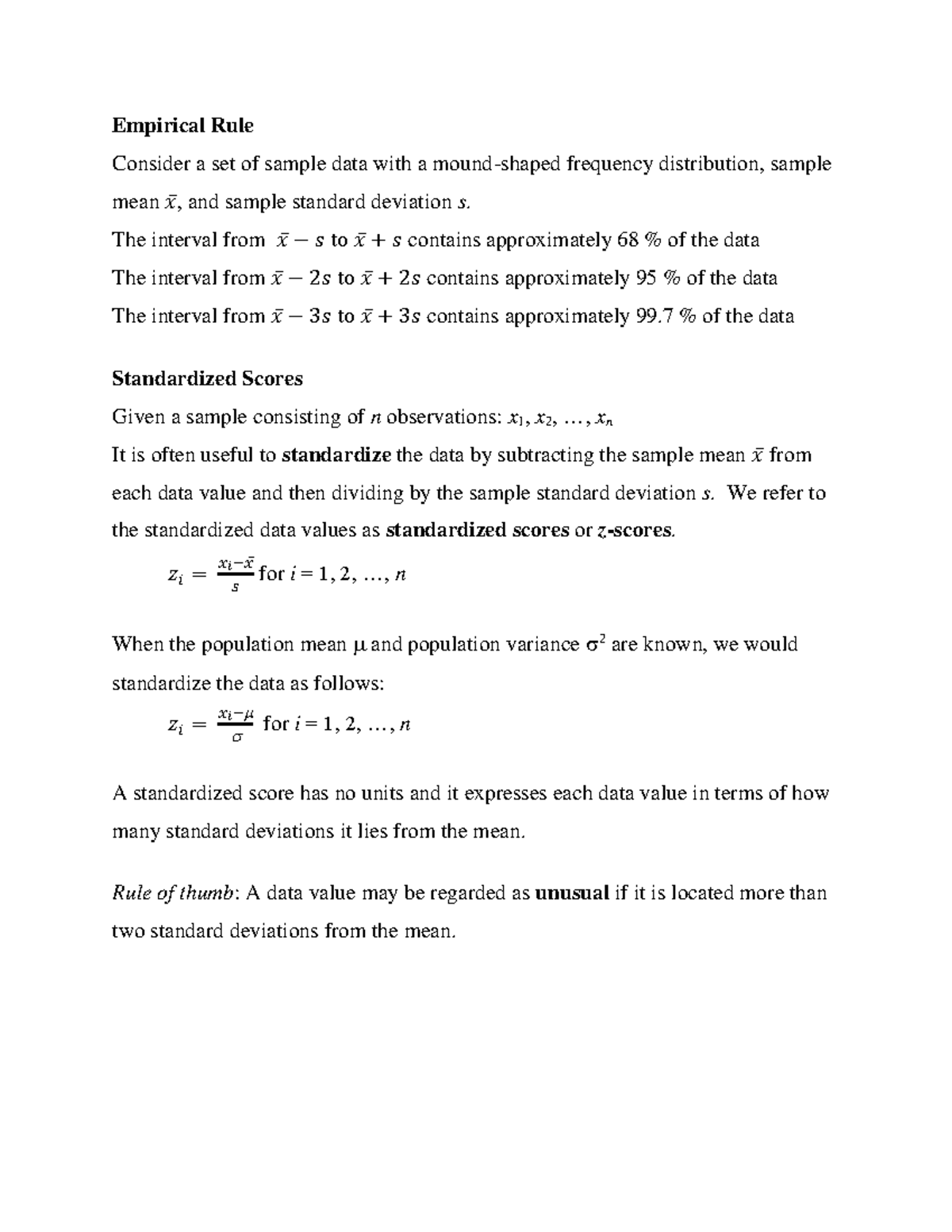 Empirical rule and standardized scores - Empirical Rule Consider a set of sample data with a ...