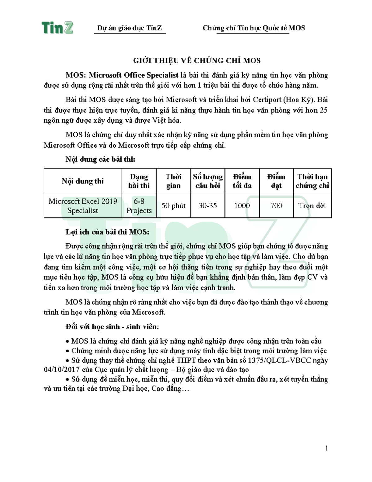 Học Excel 2019 Tin Z - GIỚI THIỆU VỀ CHỨNG CHỈ MOS MOS: Microsoft ...