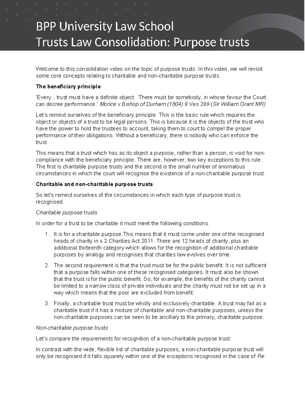 5. Consolidation video Purpose trusts Script - BPP University Law ...