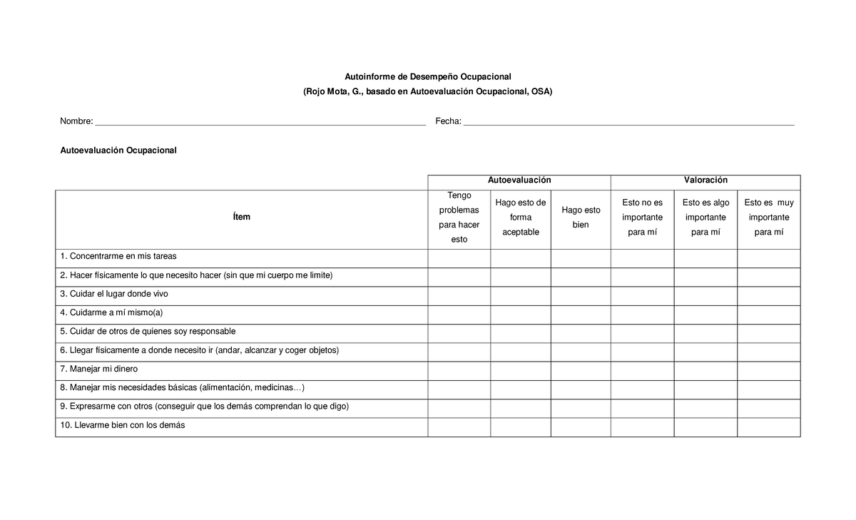 Auto informe de desempeño ocupacional - Autoinforme de Desempeño ...