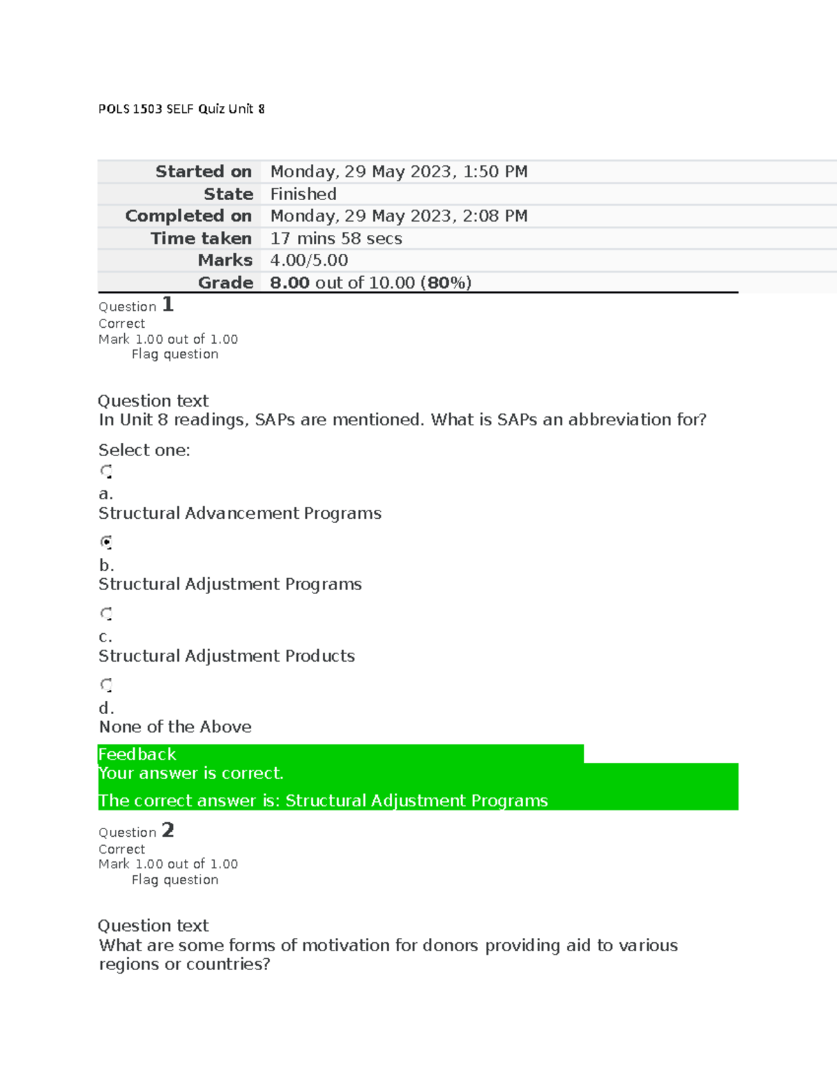 POLS 1503 Self Quiz Unit 8 - POLS 1503 SELF Quiz Unit 8 Started on Monday, 29 May 2023, 1:50 PM ...