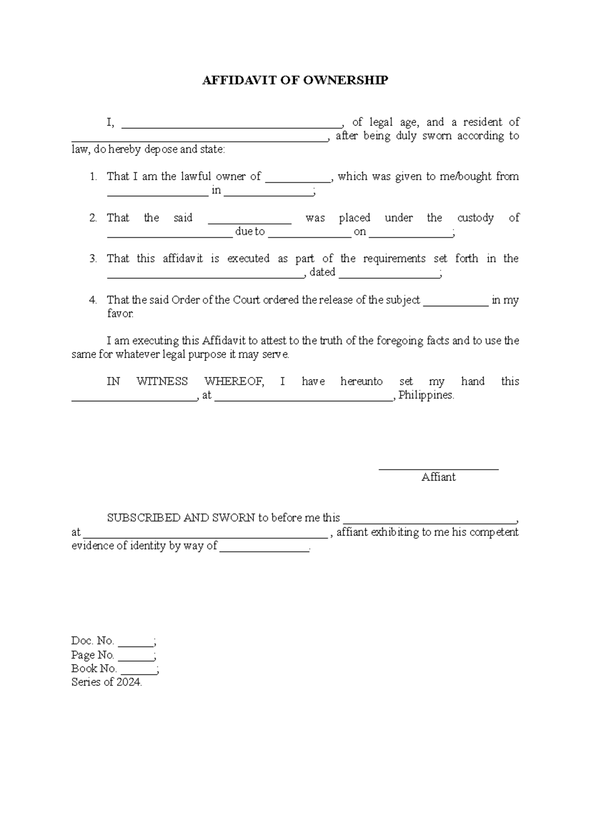 Affidavit OF Ownership Sample - AFFIDAVIT OF OWNERSHIP I