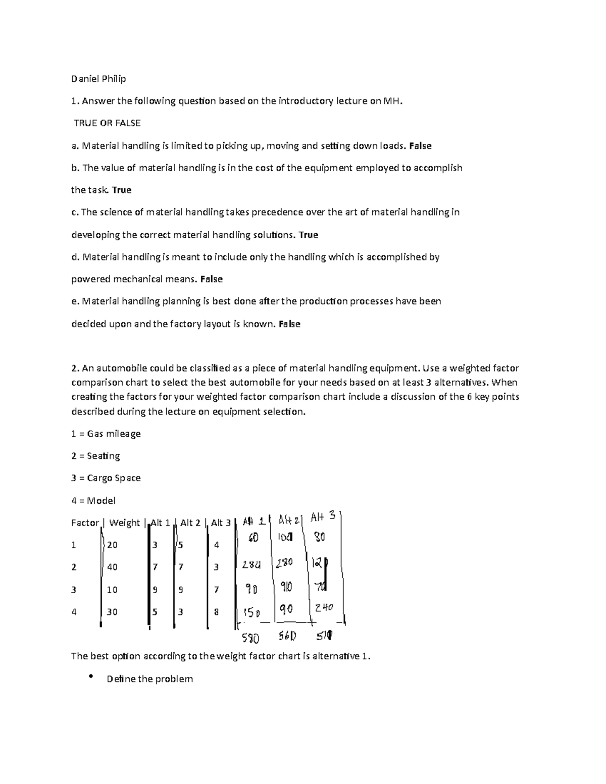 Material Handling Problem set 1 - Daniel Philip Answer the following ...