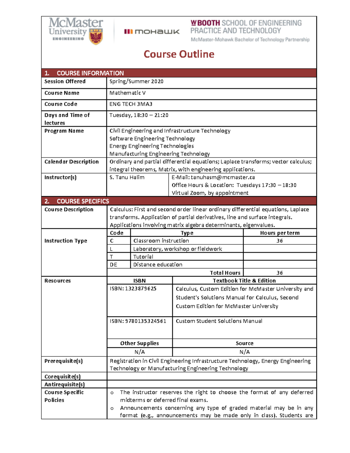 Engtech 3MA3 - Course Outline - Warning: TT: undefined function: 32 Warning: TT: undefined ...
