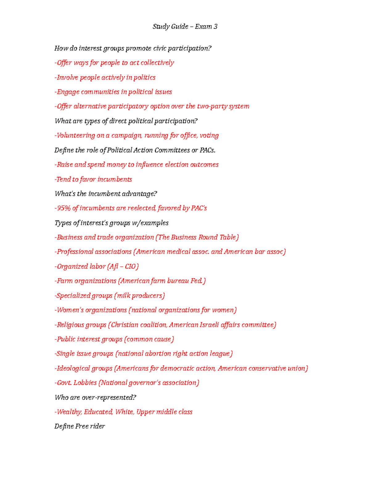 2310 SGExam 3 - Sherri Mora, Politcal Science 2310 - Study Guide Exam 3 ...