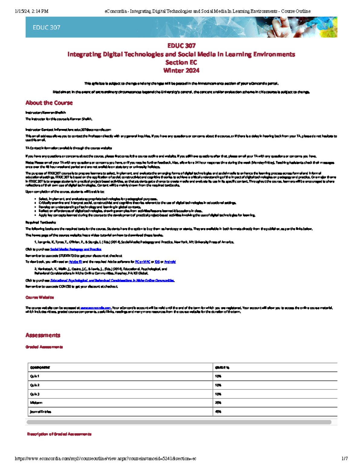 Syllabus for EDUC 307 - EDUC 307 Integrating Digital Technologies and Social Media In Learning ...