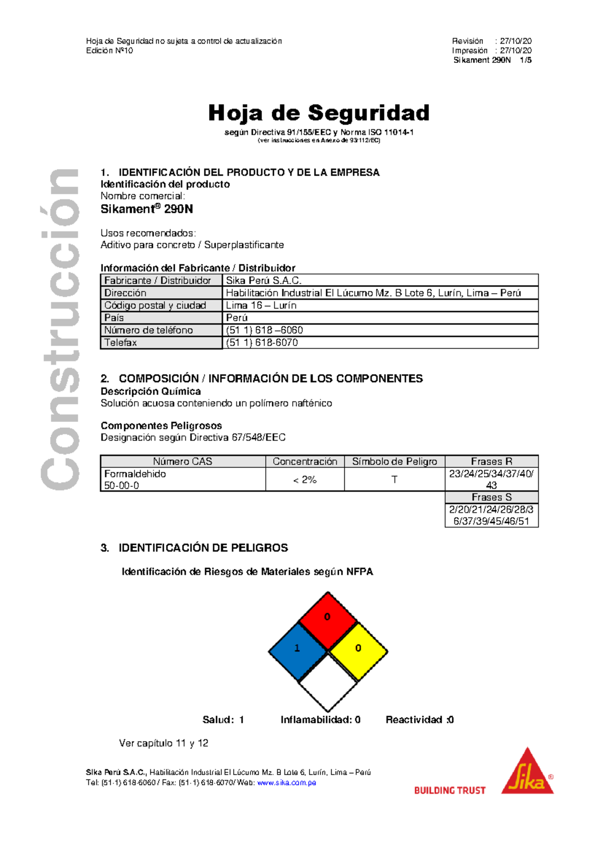 47.HS - Sikament 290N - Hoja de seguridad - ####### Edición Nº 10 Impresión : 2 7/10 ...