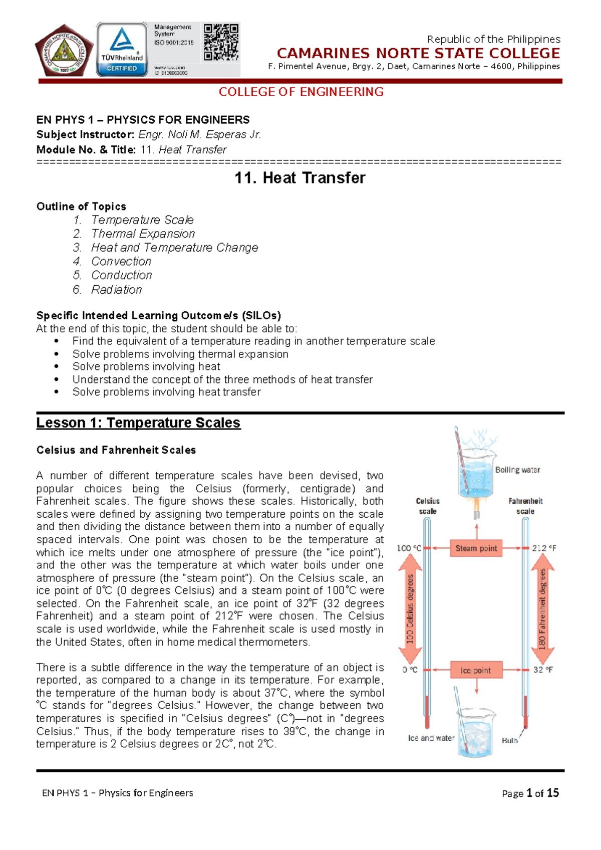 11 heat transfer - COLLEGE OF ENGINEERING CAMARINES NORTE STATE COLLEGE F. Pimentel Avenue, Brgy ...