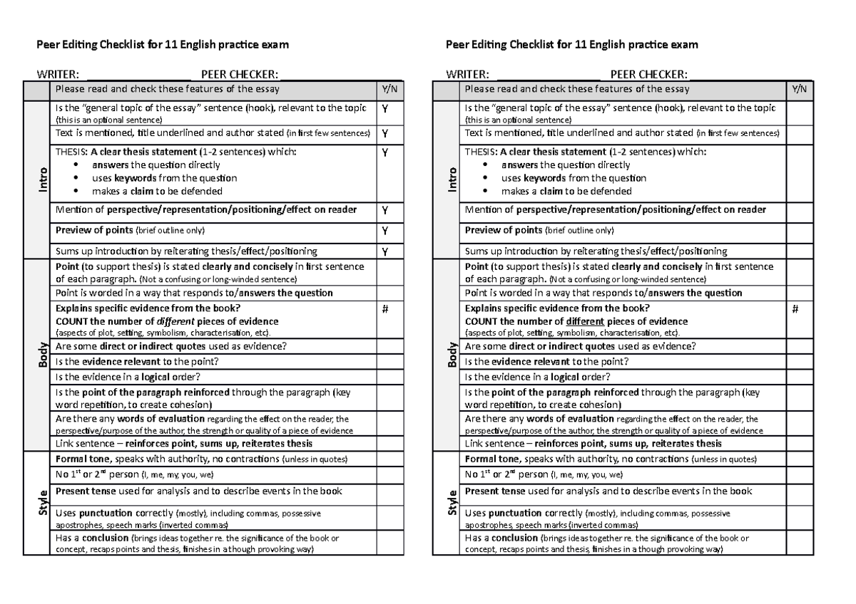 Peer Editing Checklist for 11 English practice exam - (Not a confusing ...