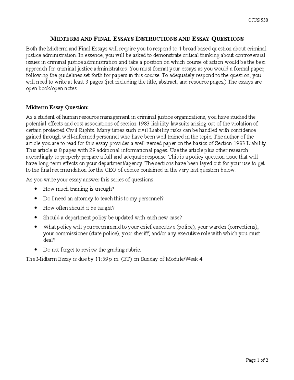 Midterm and Final Essay Instructions and Essay Questions - CJUS 530 ...