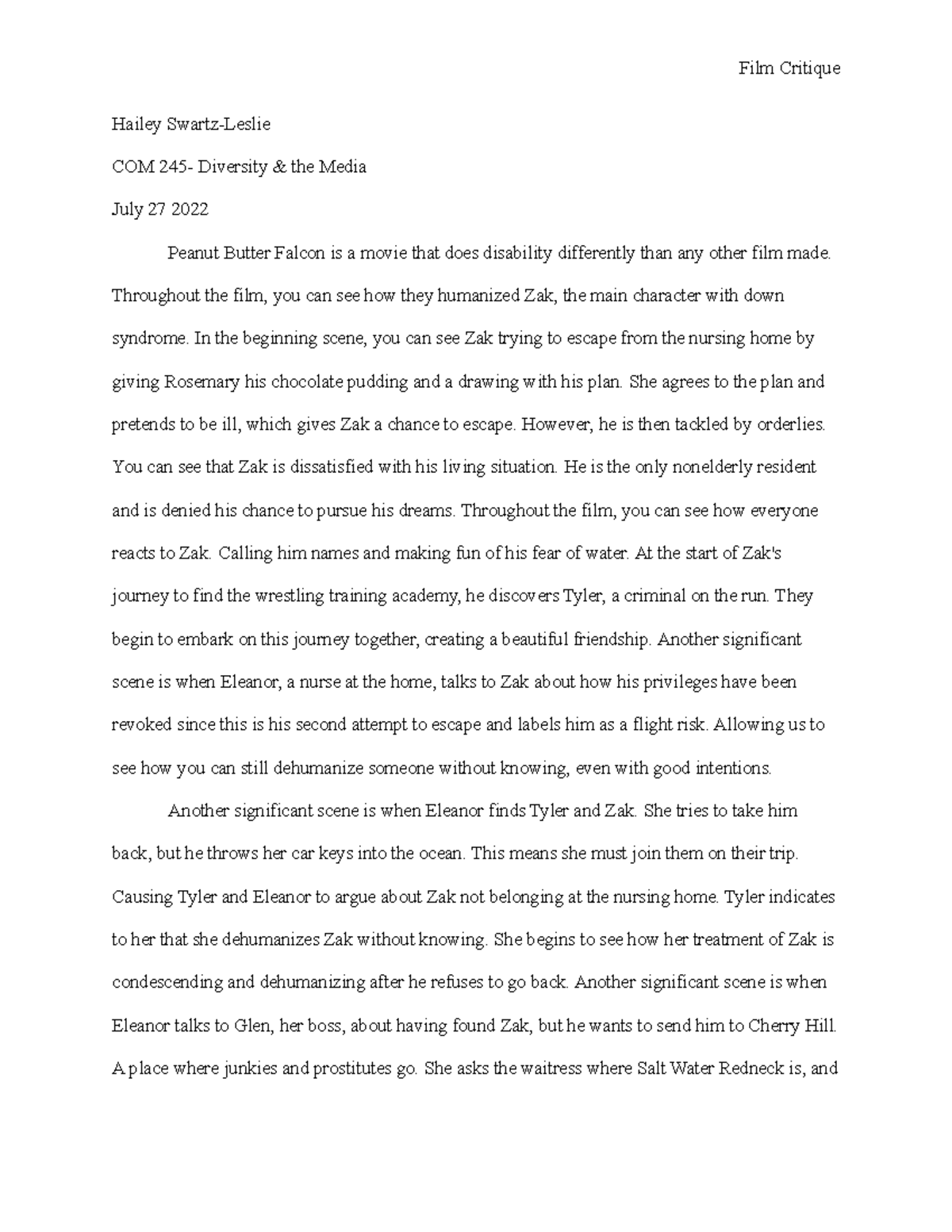 Film Critique - all assignments were based on the media - Film Critique Hailey Swartz-Leslie COM ...