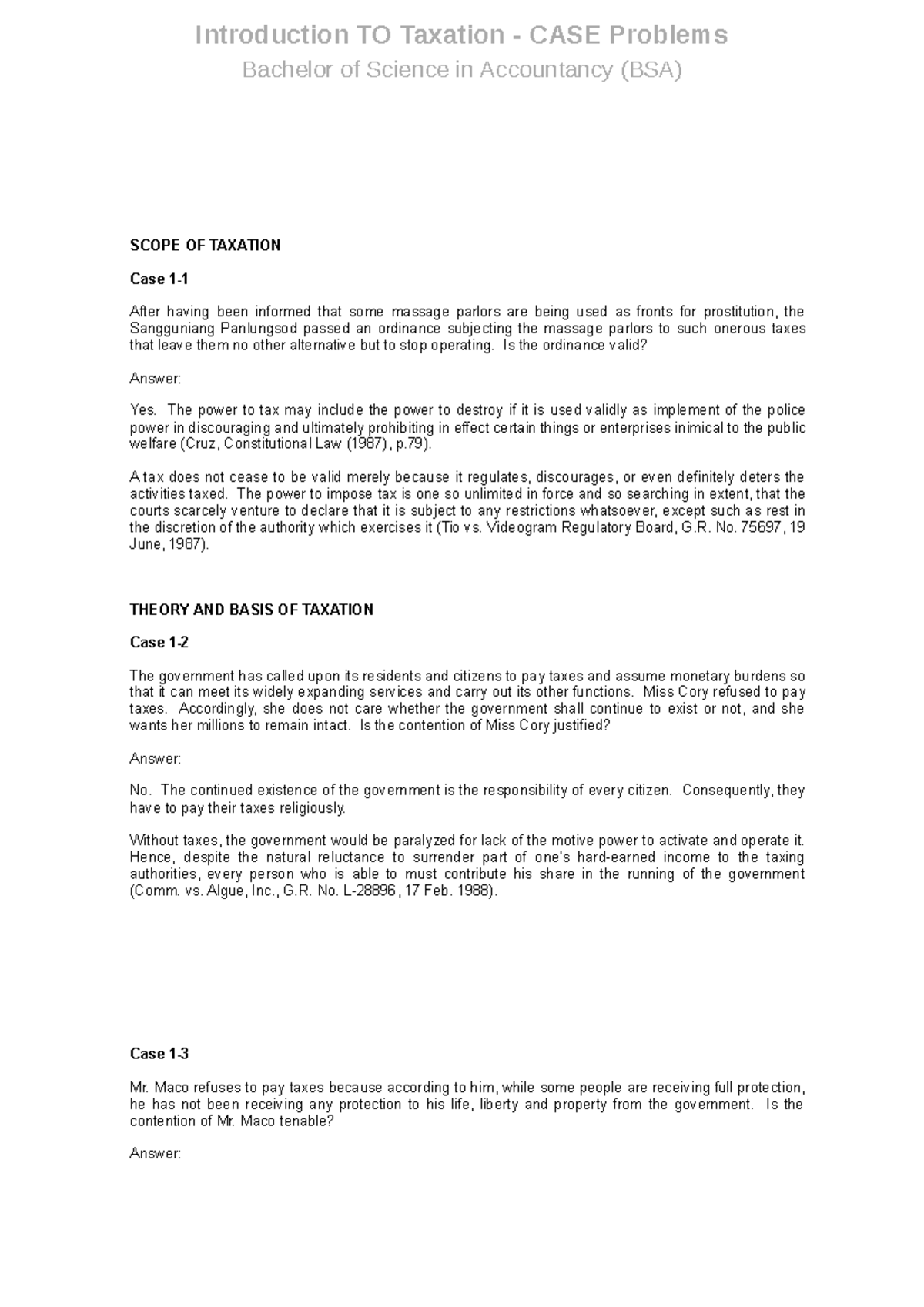 Case problems-Chapter 1 - Introduction TO Taxation - CASE Problems ...