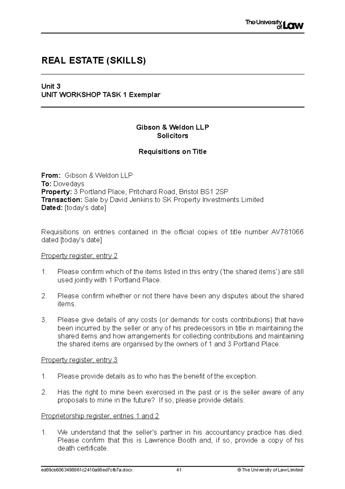 Example of Official Copies enquiries - REAL ESTATE (SKILLS) Unit 3 UNIT ...