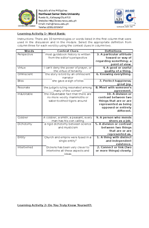 Learning Activity Module 3 - The Self from the Psychological Perspective Learning Activity #2 ...